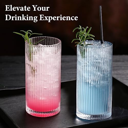 Mfacoy Glass Cups Vintage Glassware Set of 4 Large, Origami Style Transparent Cocktail Drinking Glasses Set, Bar Beverages Ice Coffee Cup Juice Ripple Drinkware, 13 Ounce