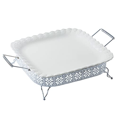 KASSEL Elegant Ceramic Serving Platter with Stand | Square Serving Trays for Entertaining Parties, Catering, and Buffet | Oven Safe Serving Tray and Dessert Display Decor Stand (Large)
