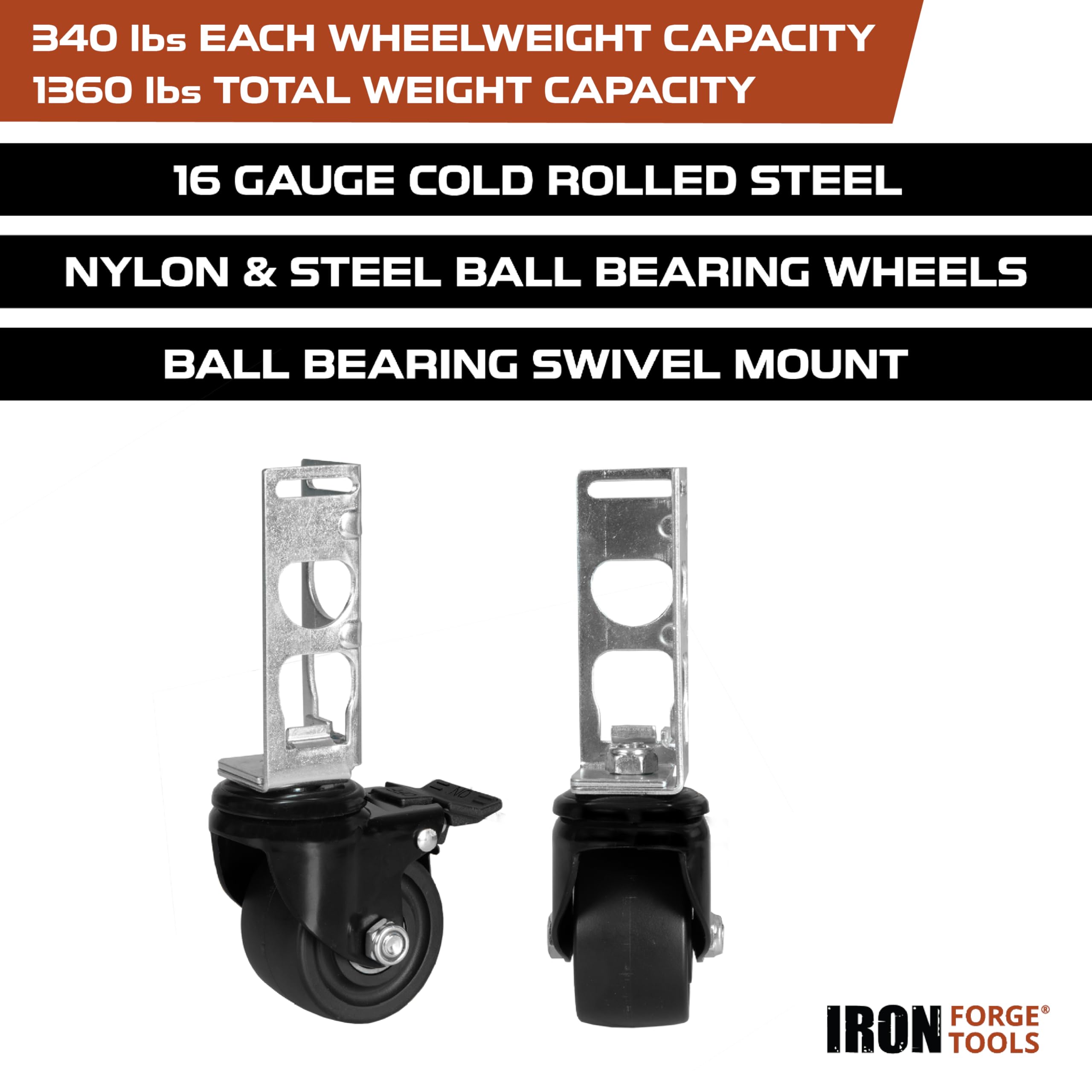 Iron Forge Tools Rolling Storage Rack Caster Wheels Heavy Duty - Set of 4 Locking Caster 3 Inch 1360 lb. Capacity for Boltless Self Locking Shelving Racks, Nylon and Steel Ball Bearing Wheels