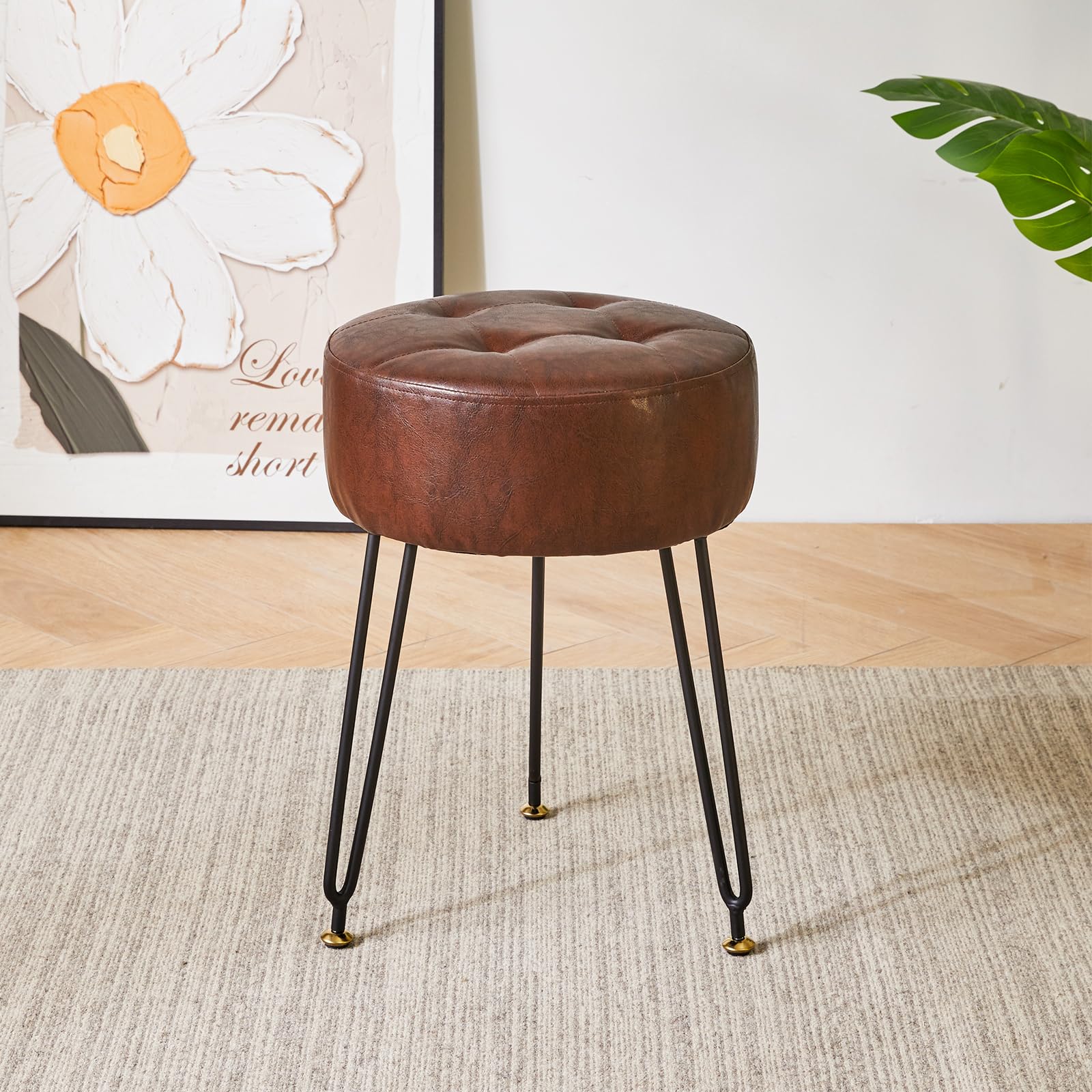 IBUYKE Faux Leather Round Footrest Stool, Makeup Vanity Stool Side Table, PU Dressing Table Seat, Pouf Couch Stool, Golden Steel Legs, Black LG-31B
