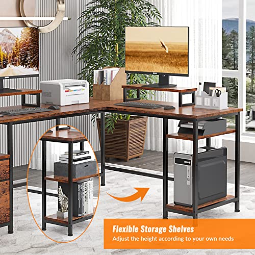 Furologee 66" L Shaped Computer Desk with Shelves, Corner Gaming Desk with File Drawer and Dual Monitor Stand, Large Home Office Desk Writing Study Table Workstation, Rustic Brown