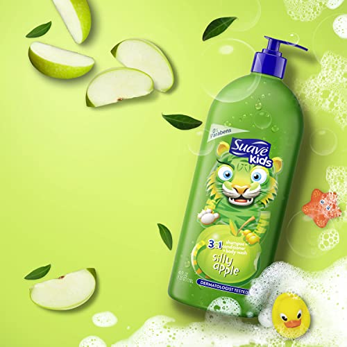 Suave Kids 3-in-1 Shampoo, Conditioner, Body Wash For Tear-Free Bath Time, Silly Apple, Dermatologist-Tested Kids Shampoo 3-in-1 Formula 40 oz
