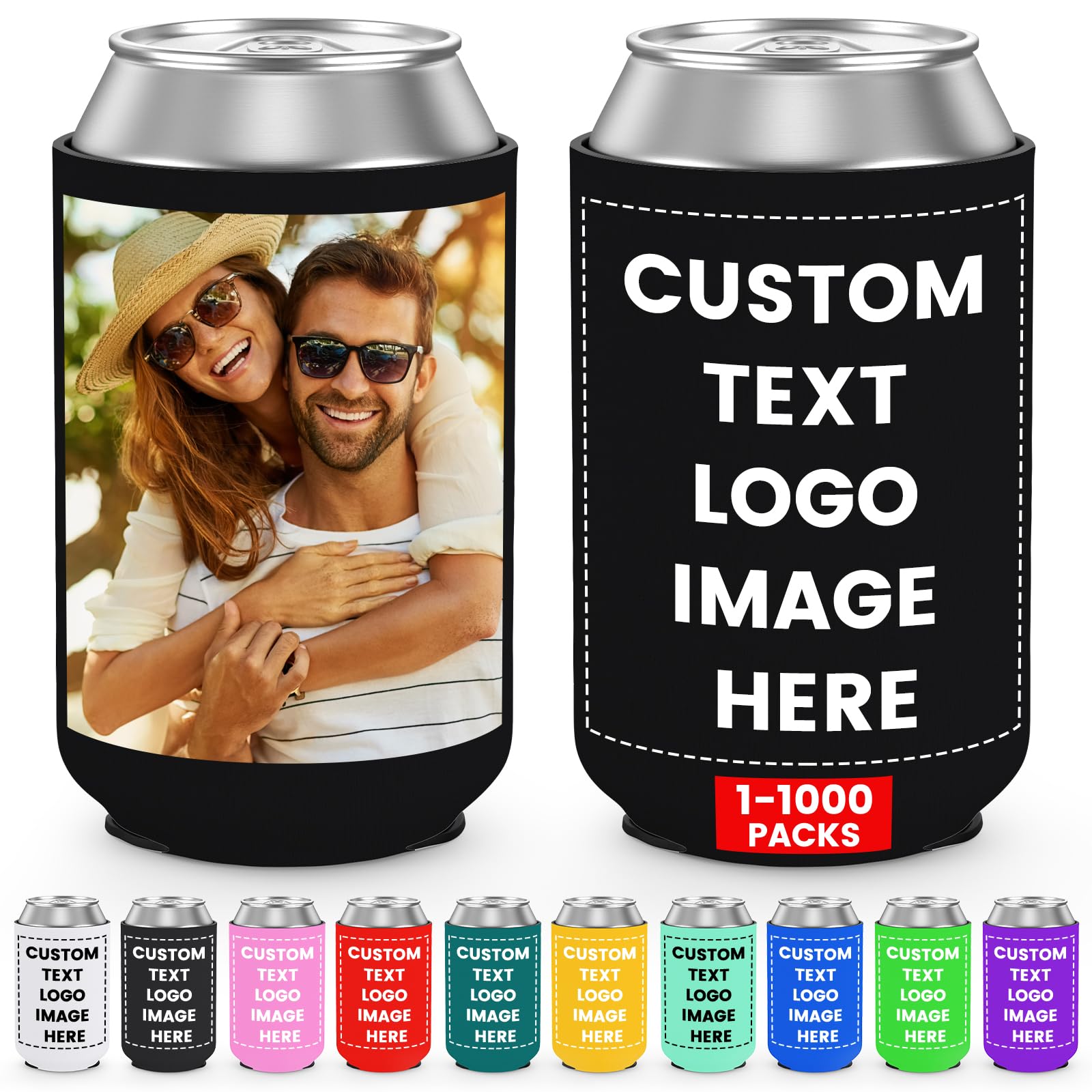 Custom Neoprene Can Cooler Sleeve Bulk Personalized Insulated Drink Holder for 12 Oz Cans and Bottles Wedding Bridal Shower Beach Decorations Birthday Party Favors, Black