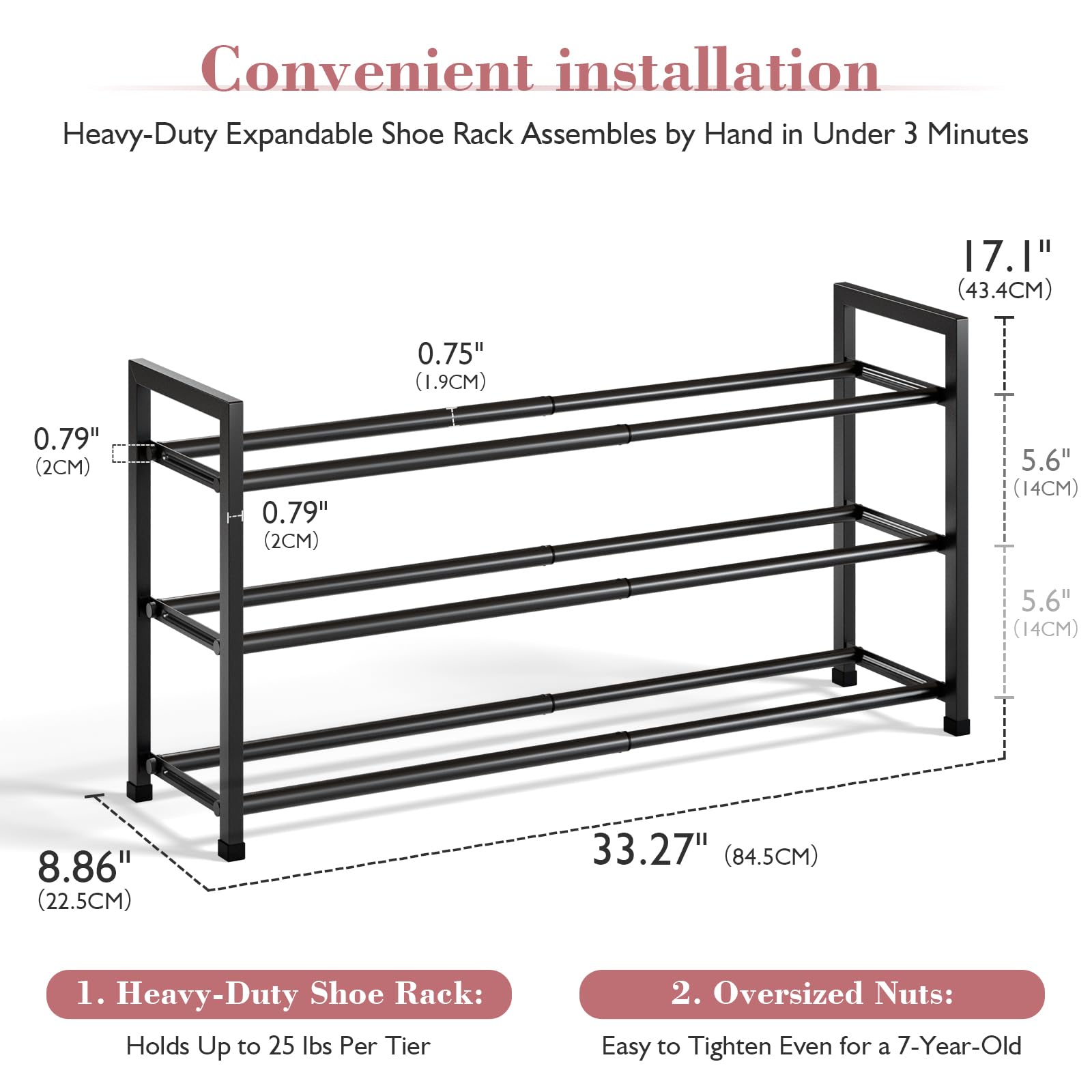 Bumusty 3-Tier Expandable Shoe Rack for Closet, 18β-33β Adjustable Shoe Rack for Small Space, Small Shoe Organizer for Front Door, Sturdy Metal, Black