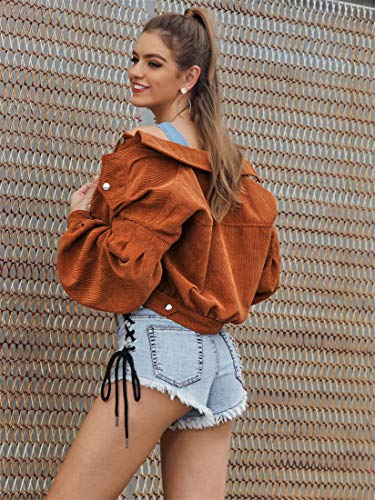Andongnywell Women's Long Sleeve Outerwear Corduroy Jacket Solid Color Wild Stand Collar Single Breasted Outwear (Brown,Large)
