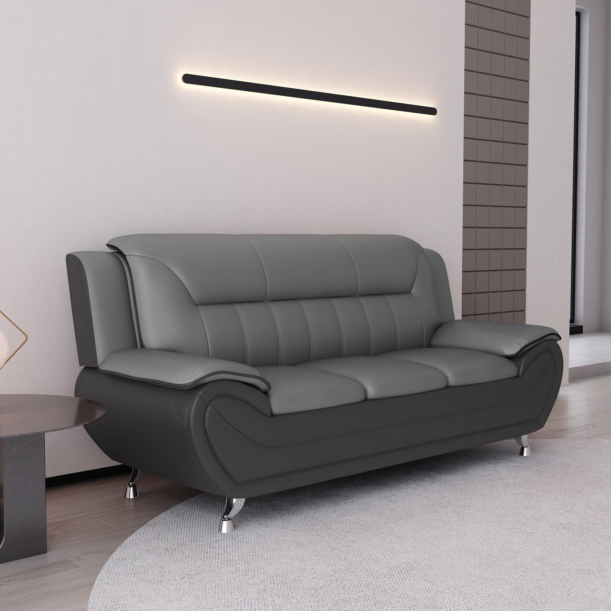Container Furniture Direct Modern Style Faux Leather Sofa with Extra Comfortable Pillow Top Armrests Ideal for Living Room, Bedroom or Home Office Couch, 79.2ββ Wide, Grey/Black
