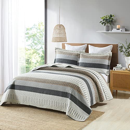 PANGUSHAN 100% Cotton Quilt Set Queen Size, Patchwork Queen Quilt Bedding Set Bedspreads, Farmhouse Lightweight Comforter Reversible Quilt, White/Brown/Grey Bed Spread for All Season, 3 Pieces