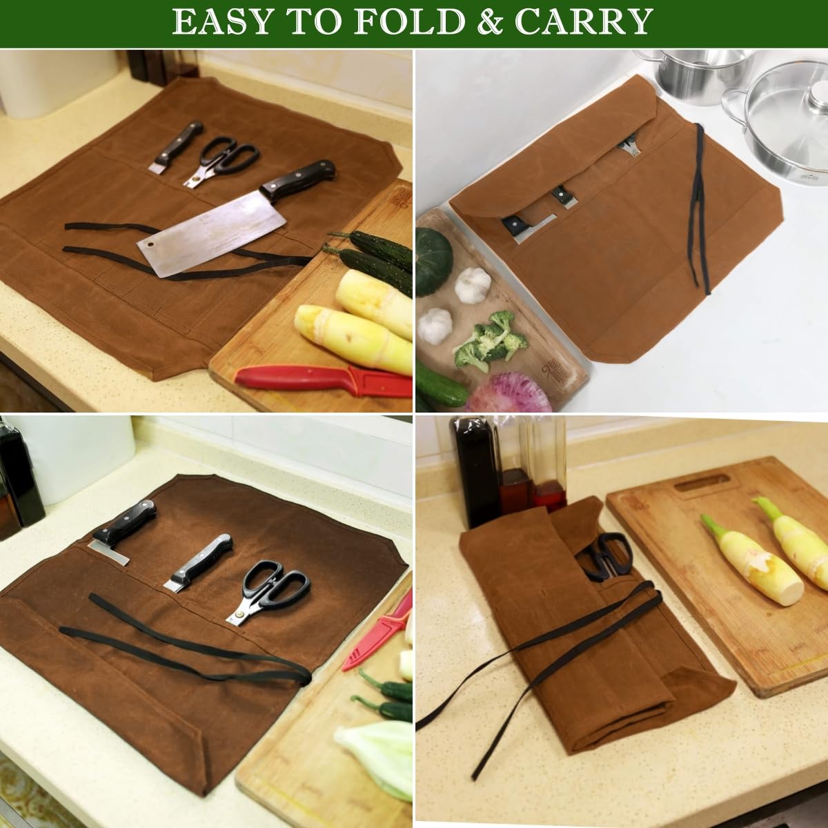 BLIRITEL Knife Roll, Waxed Canvas Chef Knife Roll Bag, 8 Knife Slots for Cutlery Knives, Portable Knife Bag Knives Pouch Holder protectors with 8 PCS Knife Sheath for Kitchen Travel Camping
