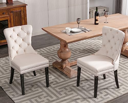 KCC Velvet Dining Chairs Set of 4 (Renewed), Upholstered High-end Tufted Dining Room Chair with Nailhead Back Ring Pull Trim Solid Wood Legs, Nikki Collection Modern Style for Kitchen, Beige