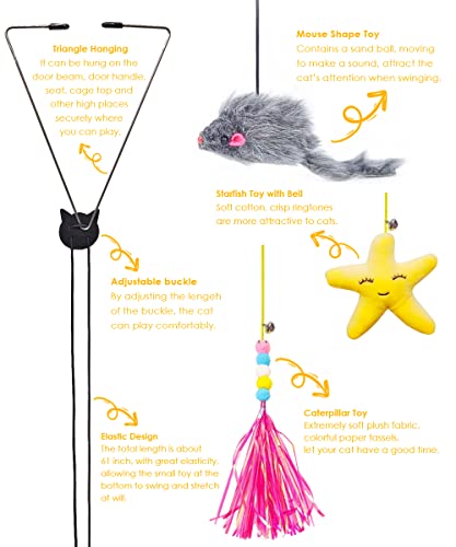 Mice Toys for Indoor Cats - 3 Pack Hanging Door Cat Toys with Tassel - Retractable Cat Toy with Rope Mouse Starfish Caterpillar - Interactive Cat Teaser Toy for Indoor Kitten Play Chase Exercise