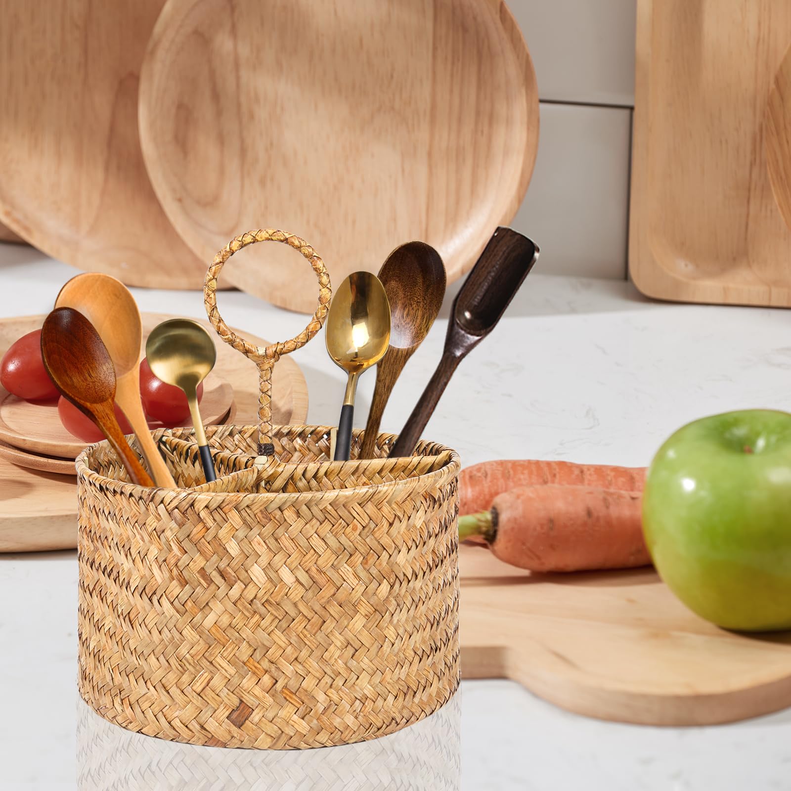 YIFANZHIBIAN Cutlery Holder, Hand-Woven Seagrass Utensil Caddy, Silverware Caddy Spoon holder, Utensil Organizer for Countertop, Flatware Caddy with Handle, Utensil Holder for Party Camping