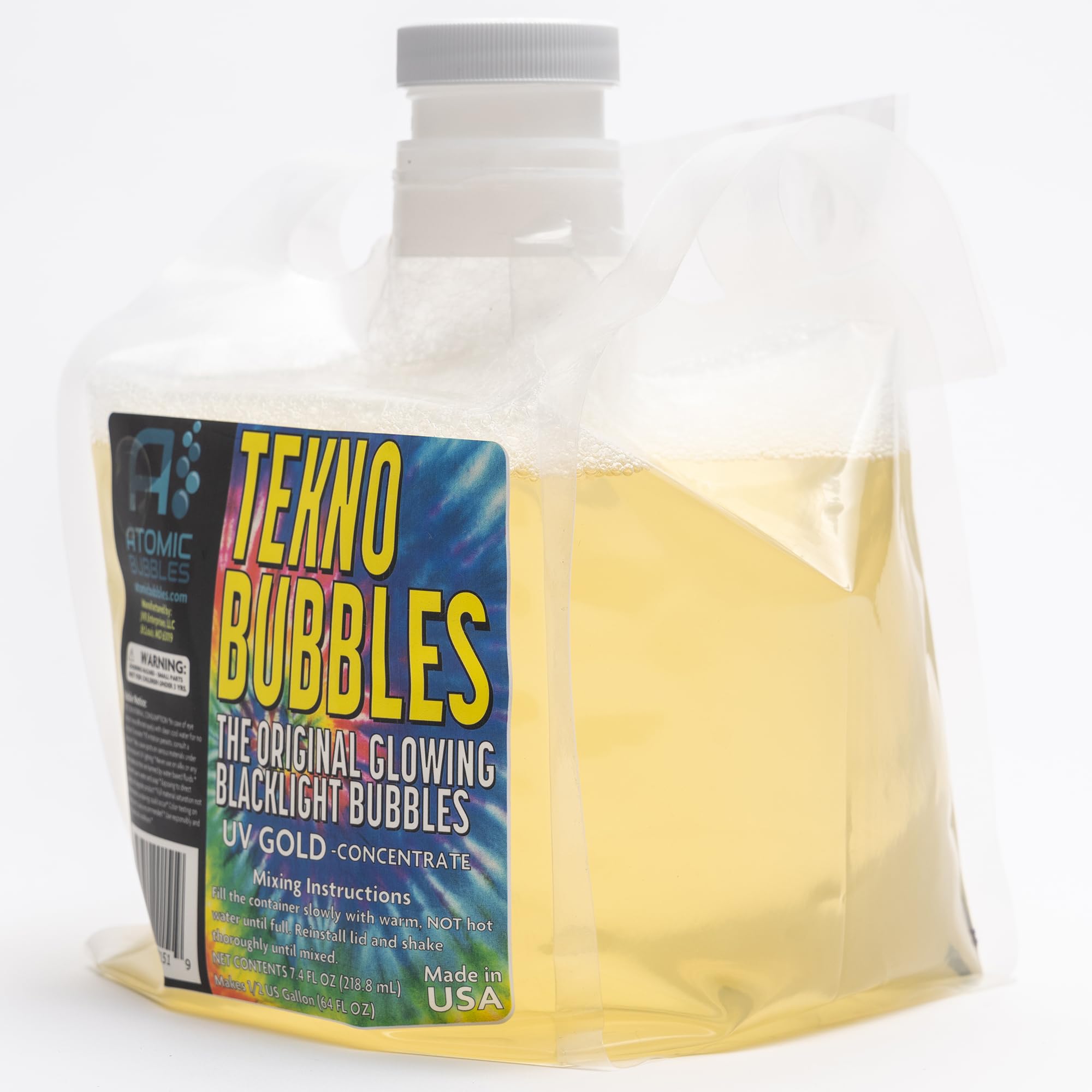 Atomic Bubbles: Tekno Bubbles 64oz Smart Pouch Refill - Gold - UV Blacklight Glow Bubbles, Glow Parties, Indoor & Outdoor, Safe for Kids, Non-Toxic
