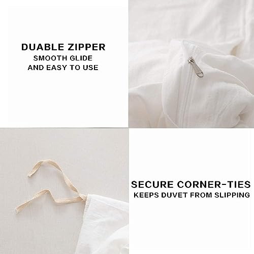 ECOCOTT White Duvet Cover Queen Size, 100% Washed Cotton 1 Duvet Cover with Zipper and 2 Pillowcases, Ultra Soft and Easy Care Breathable Bedding Set (White, Queen)