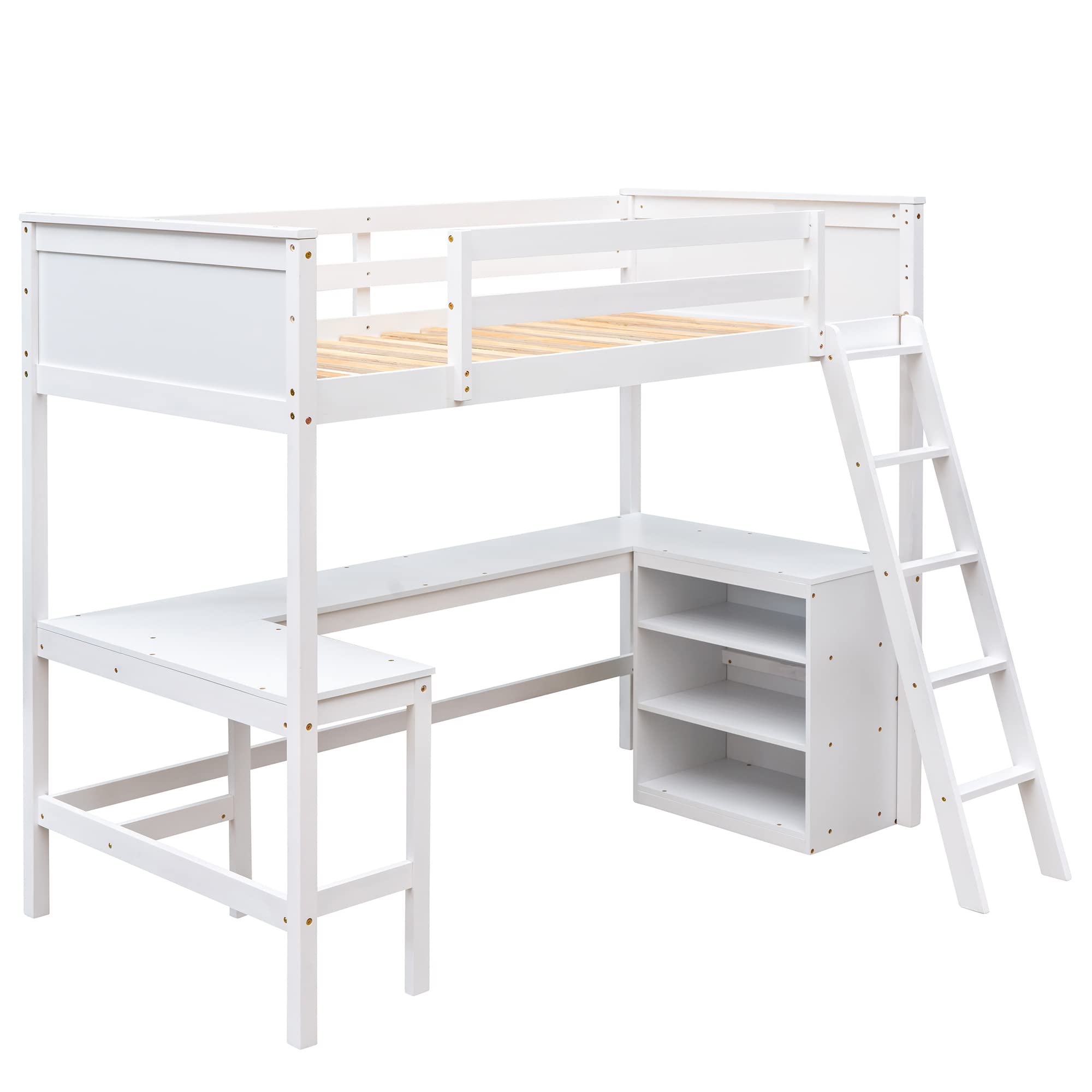 Harper & Bright Designs Twin Loft Bed with Desk and 3 Shelves, Solid Wood Twin Size Loft Bed Frame with Angled Ladder for Kids Teens Boys Girls, No Box Spring Needed (White)
