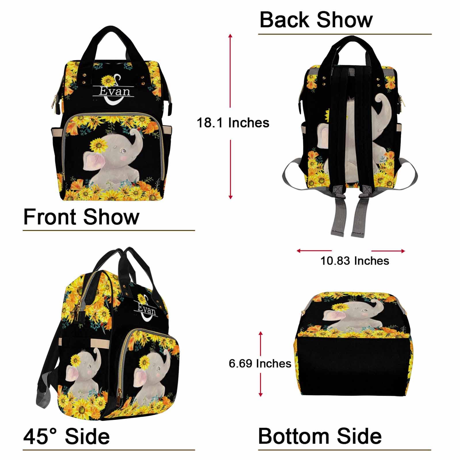 Custom Sunflower Elephant Diaper Bag Backpack for Baby Girl Boy, Personalized Name Black Large Nappy Nursing Orangizer Mommy Bags, Waterproof Travel Daypack for Dad Mom Gifts