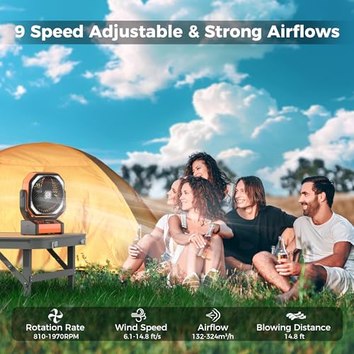 Camping Fan with LED Lantern, 20000mAh Rechargeable Battery Fan, Max 112Hrs Running,9 Speeds, Digital Display,4 Timer,Auto-Oscillating Table Fan with Remote & Hook for Camping, Power Outage, Hurricane