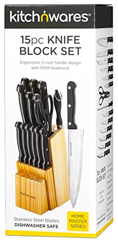 Knife Set With Wooden Block - 15 Piece Set Includes Chef Knife, Bread Knife, Carving Knife, Utility Knife, Paring Knife, Steak Knife, Boning Knife, Scissors And Knife Sharpener. - By Kitch N’ Wares