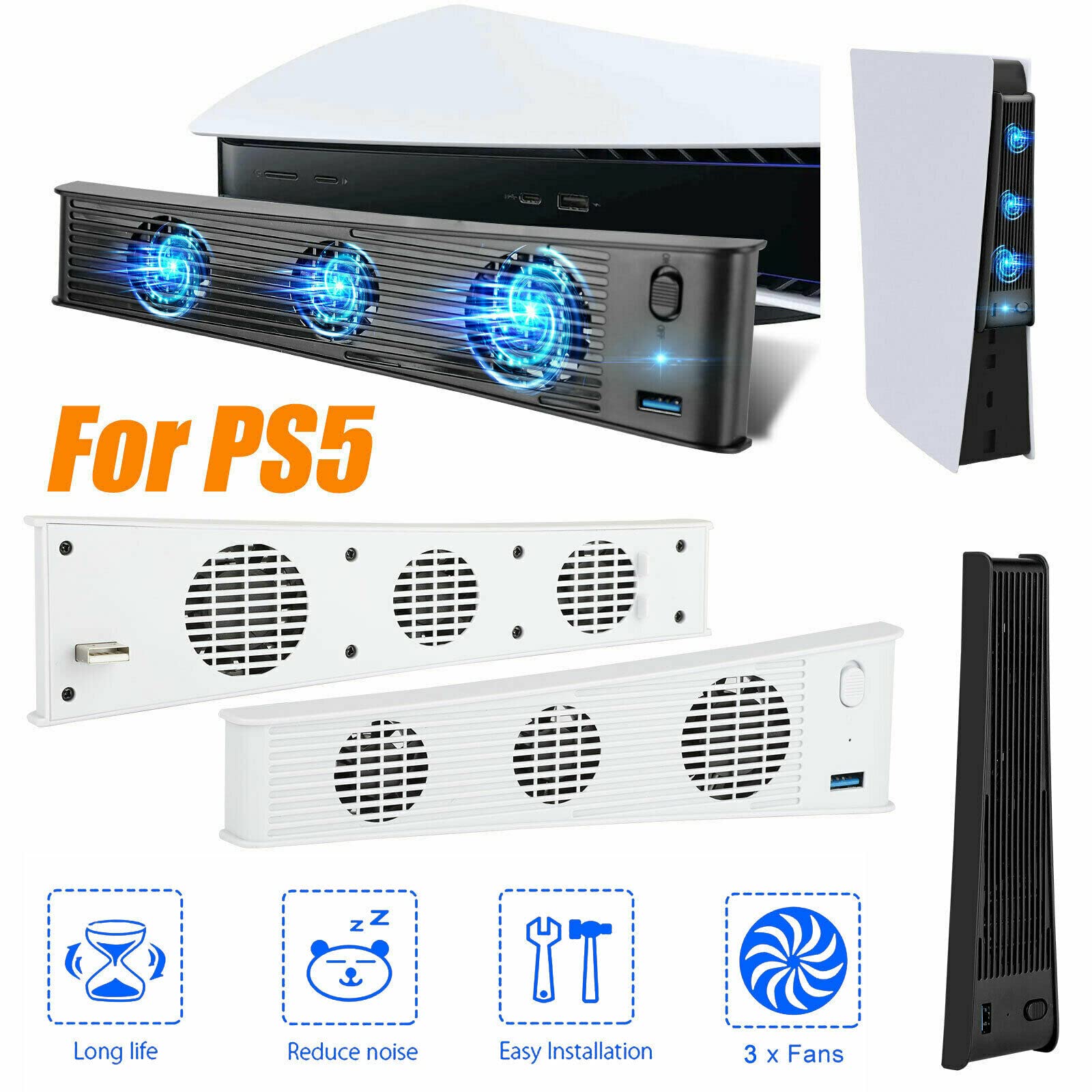Bestyu Cooling Fan Cooler Game External Accessories For PS5 PlayStation 5 Gaming Console Host (White)