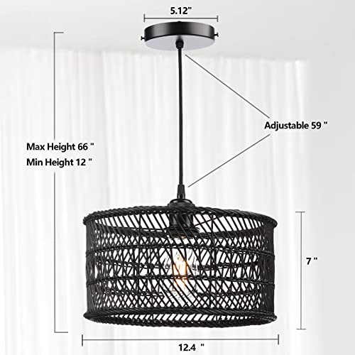 HOONEX Rattan Chandelier, Rattan Light Fixture Ceiling, 12.4" Wicker Pendant Light for Dining Room Bedroom Kitchen Island, Black