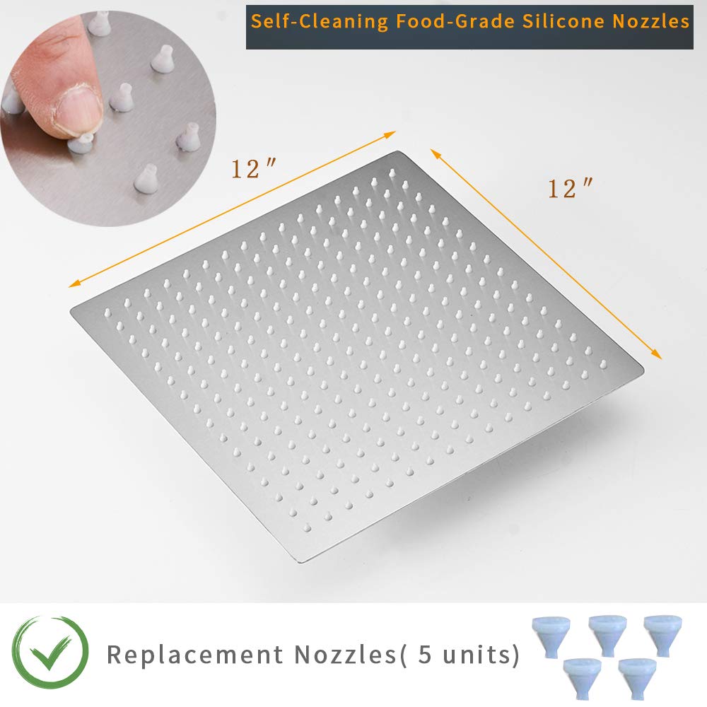 BESy 12 Inch Rain Shower Head, 12" Square Rainfall & High Pressure Stainless Steel Bath Showerhead, 20 Inches Straight Extended Shower Arm With Flange, Rain Shower Head Extension Arm Brushed NIckel