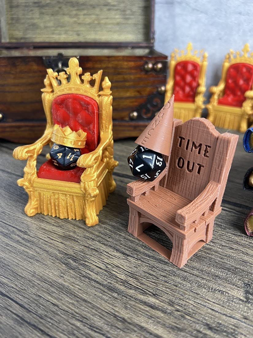 MunnyGrubbers - Dice Jail Cage - Time Out Chair & Dunce Hat - Chair of Shame - Crit Crown & Lucky Throne - (Random 7PC D20 Dice Set Included) - Gift for Dungeons and Dragons - DND - D&D - (Combo A)