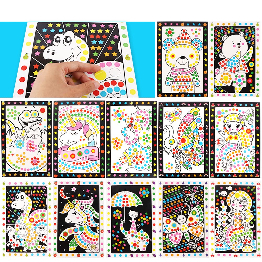 KERARME Mosaic Sticker Art Sticky DIY Handmade Art Kits for Kids - Dinosaur,Unicorn, Snow White, Mermaid, Elephant, Bear, Butterfly (12 Pack)