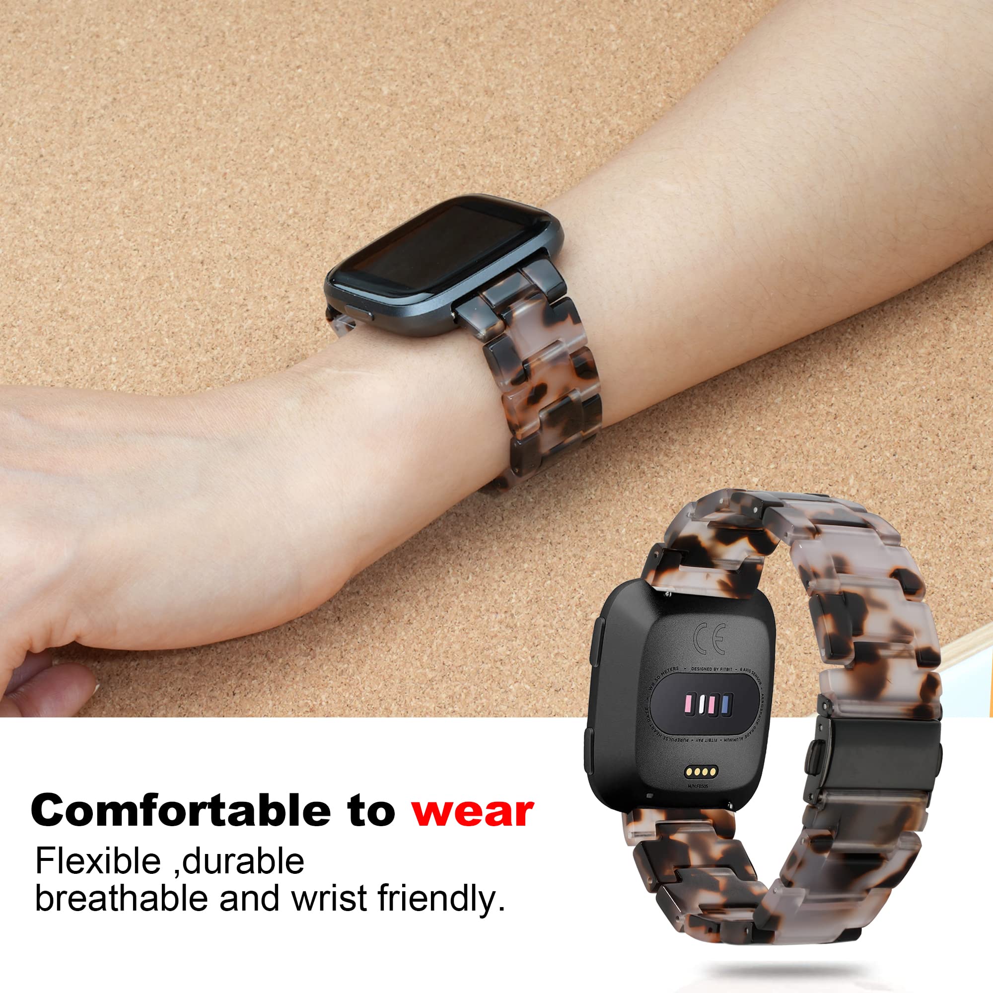 AWSMOR Compatible with Fitbit Versa 2 /Versa/Versa Lite Band Women men Resin Wristbands Strap with Metal Stainless Steel Buckle Replacement for Fitbit Versa 2 Smartwatch(Tortoise Flower)