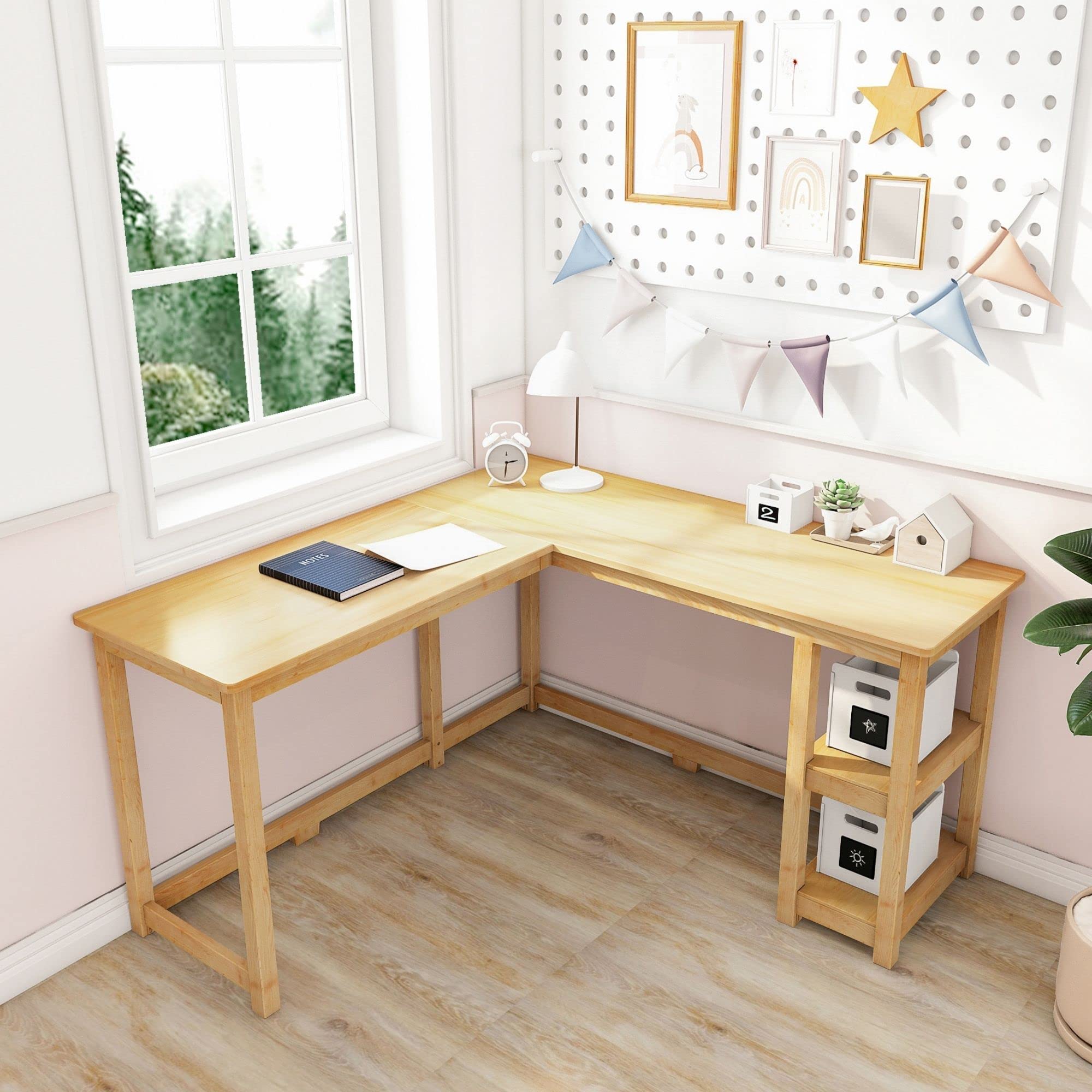 Max & Lily L Shaped Desk, Corner Desk for Home Office, Gaming, Computer with Storage Shelves, 55 x 55 Inches, Natural