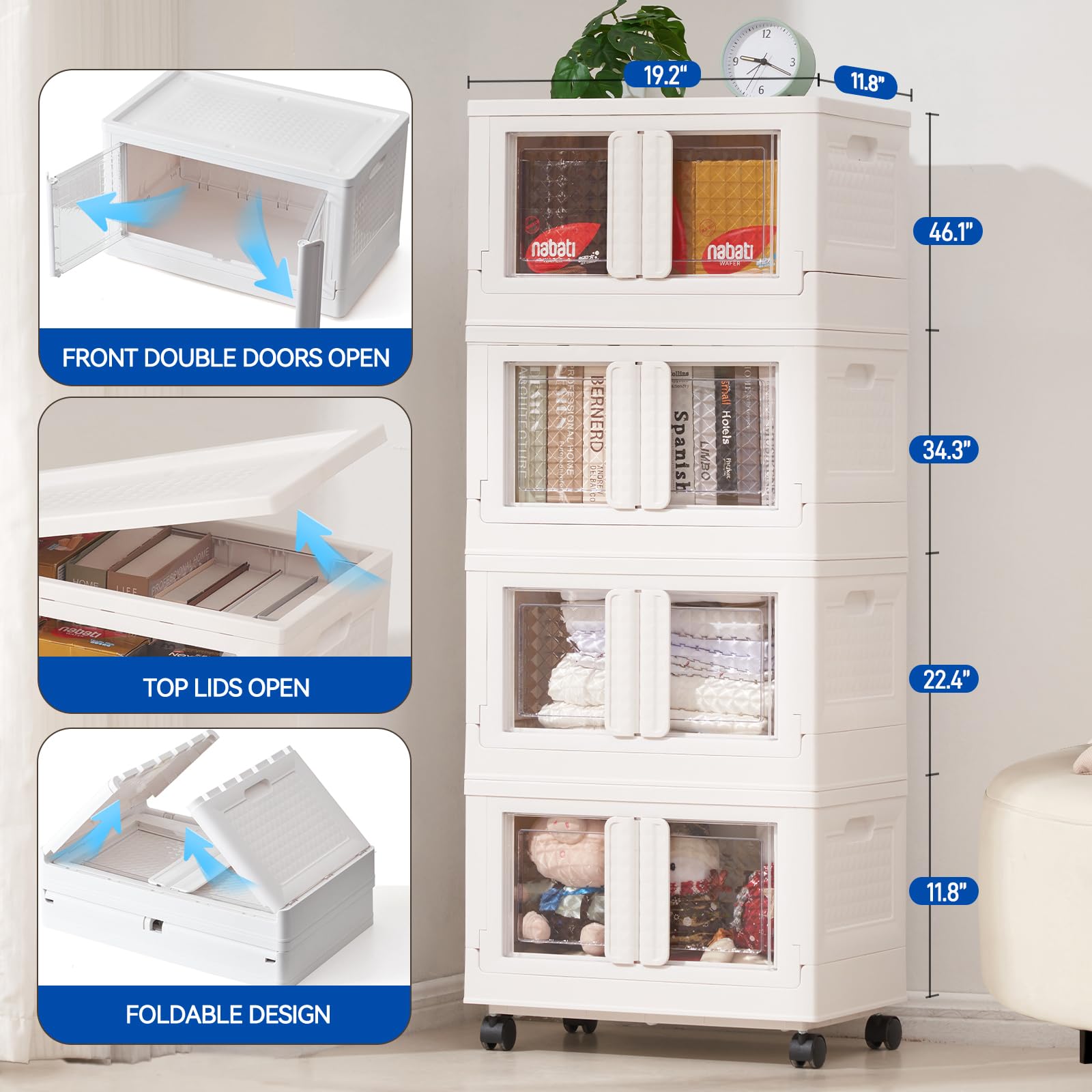 Fangtueh 140 QT Storage Bins with Lids, Stackable Storage Bins with Wheels, Plastic Collapsible Storage Bins, Foldable Storage Cabinet Containers with Doors for Closet Dorm Garage Organizers, White