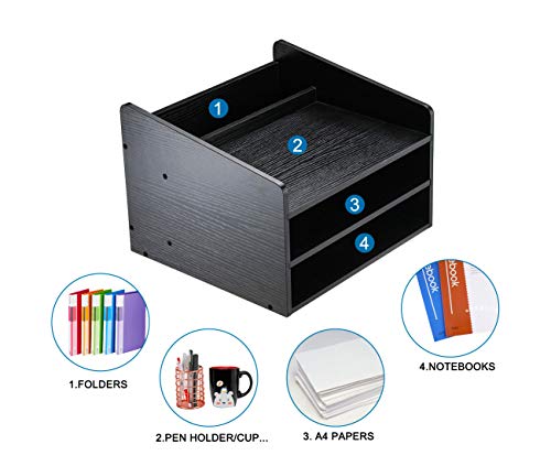 PAG Wood Desktop File Organizer Mail Sorter Magazine Rack Paper Holder Telephone Stand with Adjustable Drawer, Black