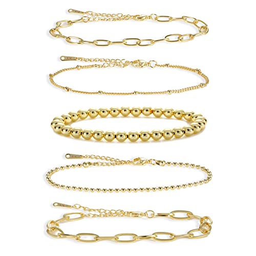 KesaPlan Gold Bracelets Set for Women Adjustable 14K Gold Plated Dainty Beaded Paperclip Link Bracelet Set for Teen Girls