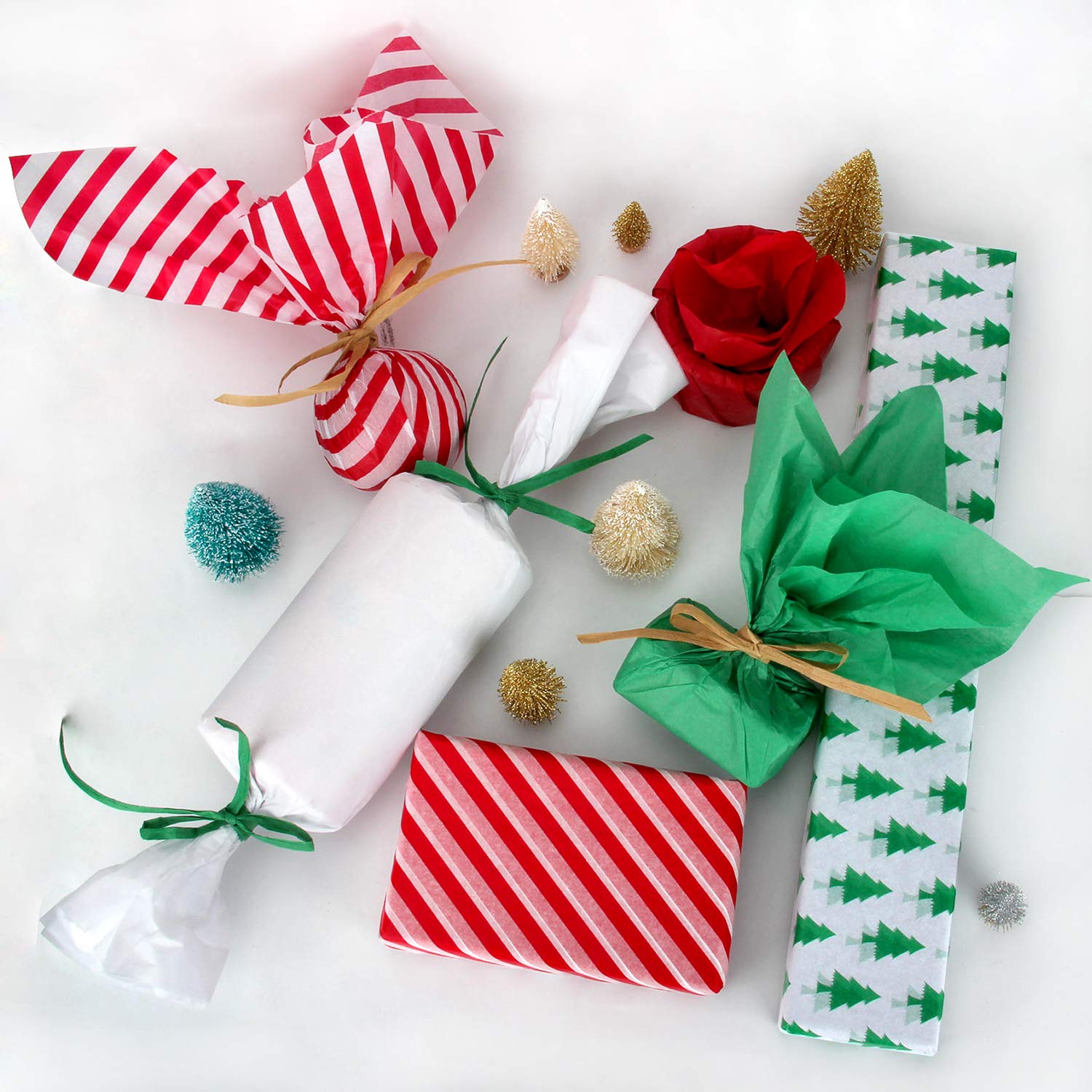Blisstime Christmas Tissue Paper Gift Wrapping Paper, 200 Sheets, 13.5" X 19.5", White, Red, Green, Red Stripe, Christmas Trees Design