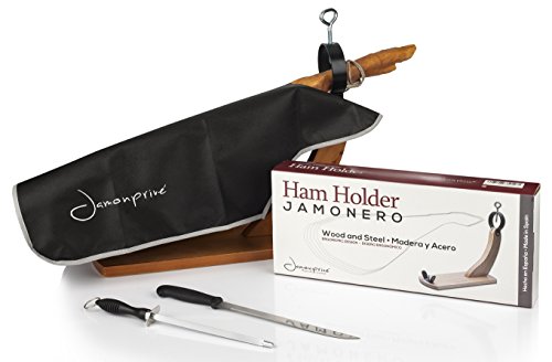 Ham Stand Spain with Knife and Sharpening Steel + Ham Cover + Kitchen Cloth + Tongs - Orginal Ham Holder for Spanish Hams and Italian Prosciutto