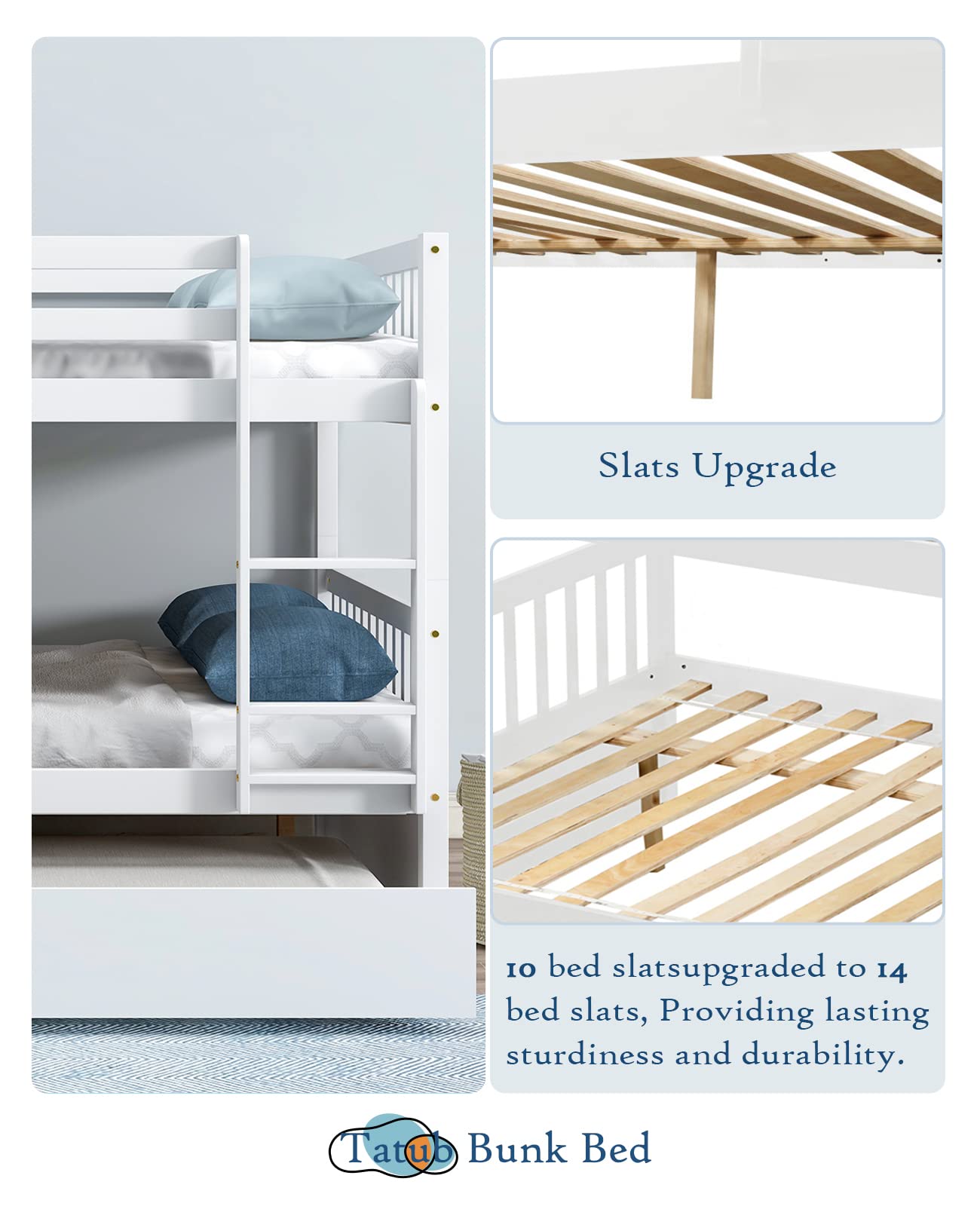 Tatub Full Over Full Bunk Bed with Trundle, Pine Wood Frame, Ladder and Guard Rails, Solid Bunk Bed with Trundle for Kids, Teens, Adults, No Box Spring Needed, Grey