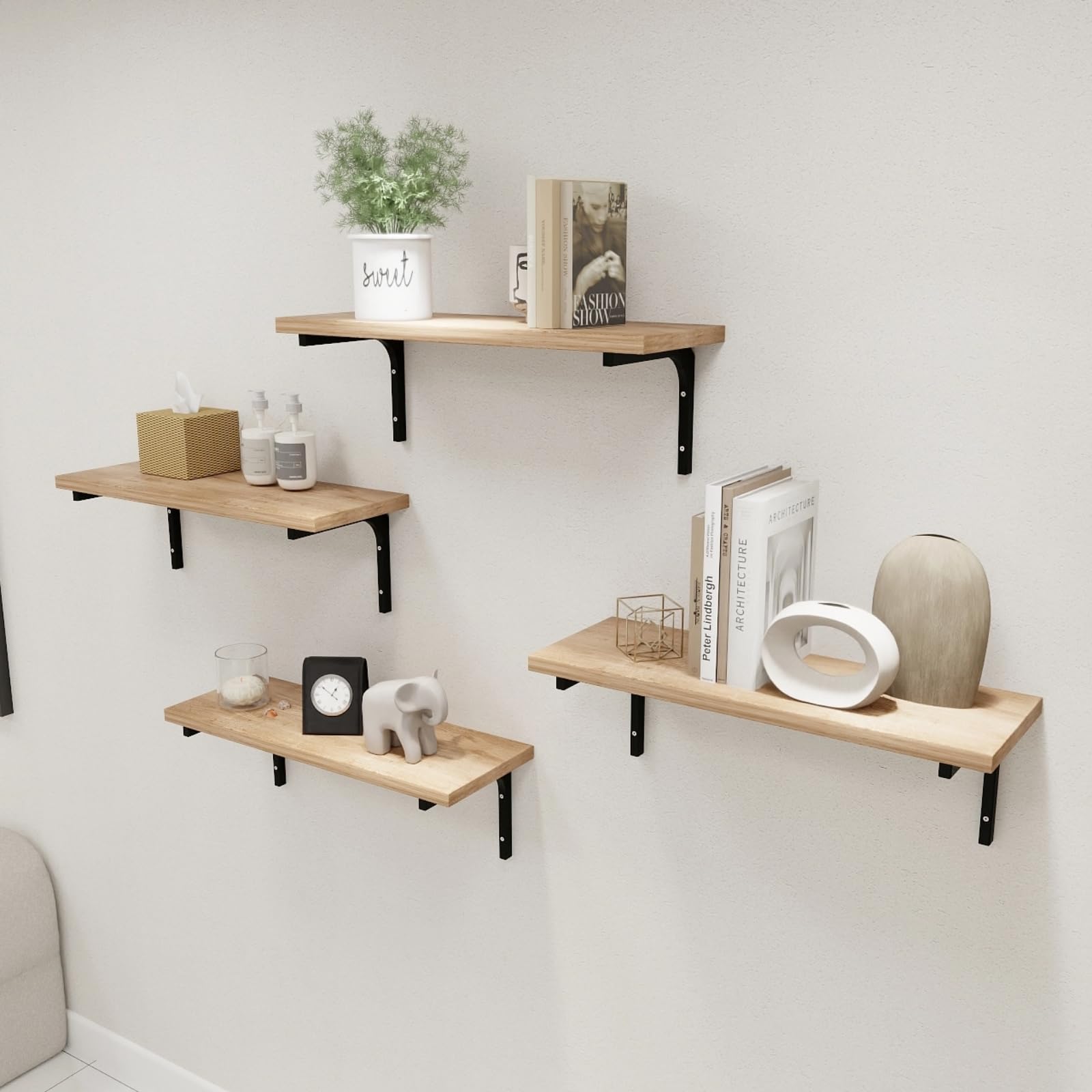 growfessor Floating Shelves-Robust 18mm Boards, Easy to Install, 80LB Weight Capacity, Ideal for Living Room, Bathroom, Kitchen, Wall Decor & Storage (Black Oak-3 tier+1 wire basket)