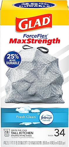 Glad ForceFlex MaxStrength Tall Kitchen Drawstring Trash Bags, 13 Gallon, Fresh Clean Scent with Febreze Freshness, 34 Count