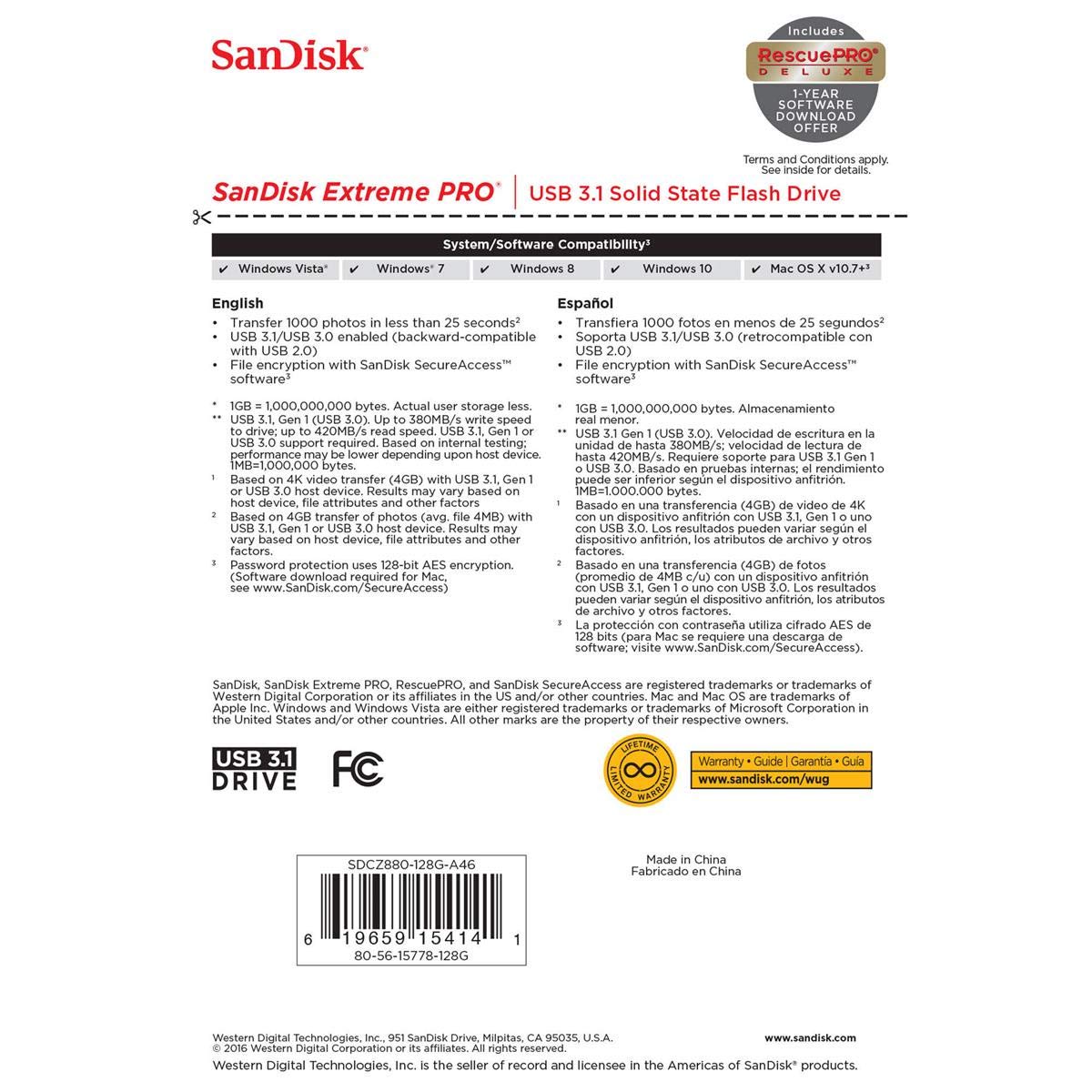 Sandisk Extreme Pro - USB Flash Drive - 128 GB - Black