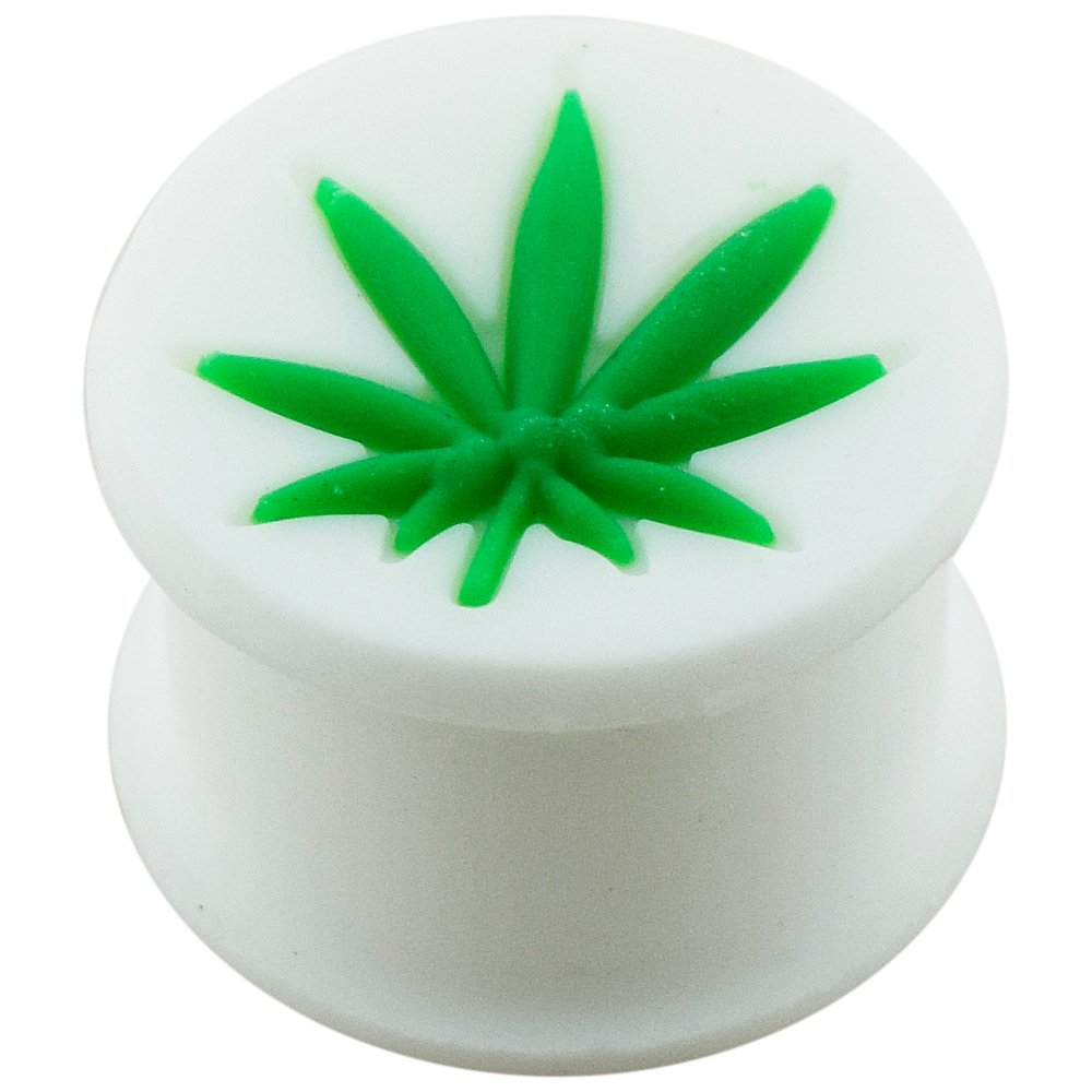 AtoZ Piercing 00 Gauge - 10MM Embossed Green Marijuana on Soft and Flexible White Silicone Double Flared Ear Plug - Sold by Piece