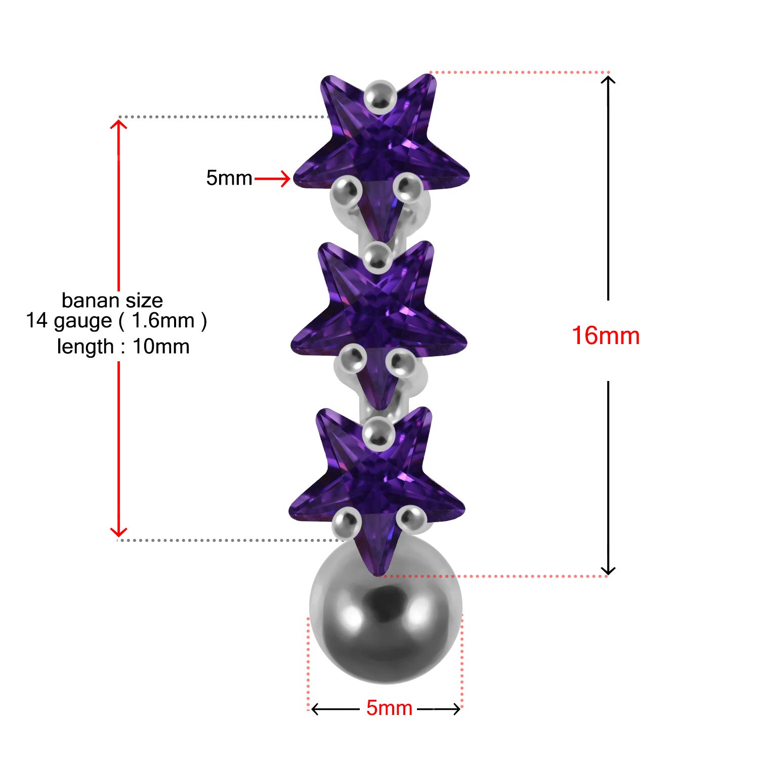 AtoZ Piercing Black Gemstone Fancy Triple Star Reverse Bar 925 Sterling Silver with Stainless Steel Belly Button Rings