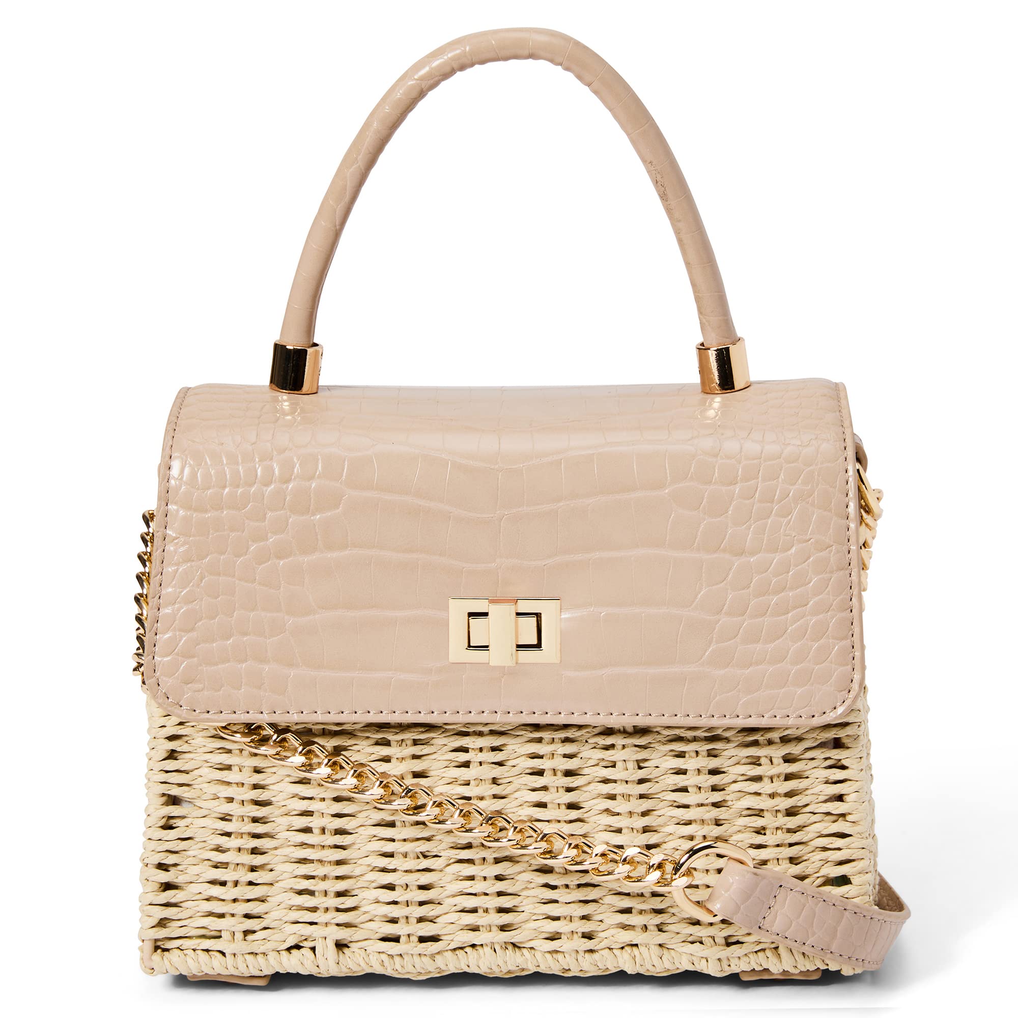 Like Dreams Women Hand-woven Straw Crossbody Faux Croc Vegan Leather Upper Floral Inner Summer Crossbody (Taupe)