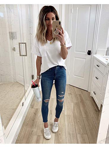 MIHOLL Women's Short Sleeve V-Neck Shirts Loose Casual Tee T-Shirt (White, Large)