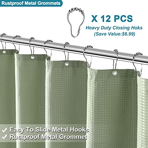 GERGELLA Sage Green Shower Curtain - Waffle Heavy Duty Fabric Shower Curtains for Bathroom, Showers, Hotel Spa Luxury Weighted Polyester Cloth Bath Curtain Set with 12 Hooks,72Wx72H,Green