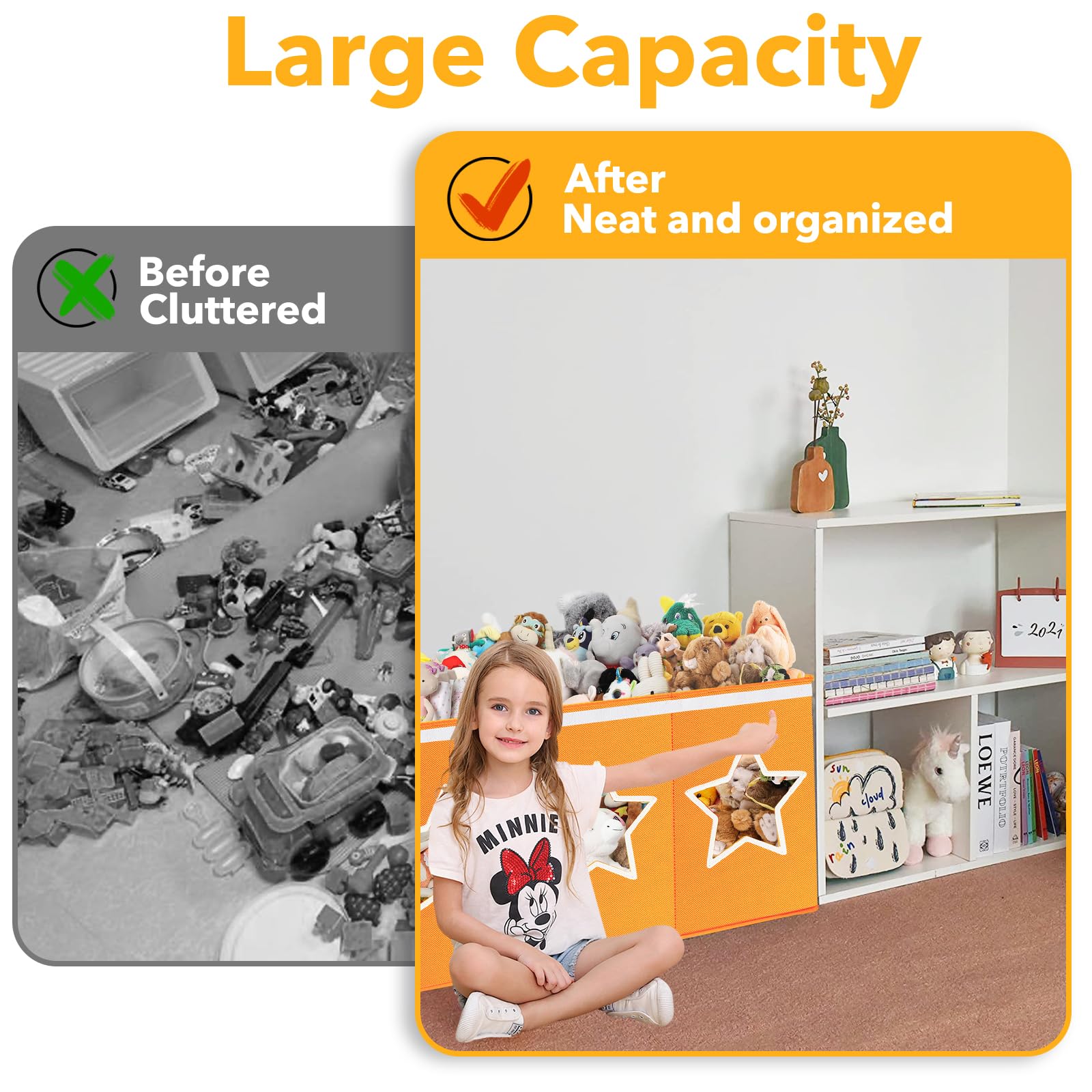 Extra Large Toy Box Chest, Toy Storage Organizer Bins with Transparent Windows, Foldable Storage Box for Kids,Boys,Girls,Toddler,Nursery Room,Playroom(Orange Srar)