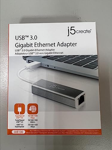 j5create USB 3.0 to RJ45 Gigabit Ethernet Adapter, 10/100/1000 Ethernet LAN Network Adapter for Mac, Windows 11/10/8.1/7, Chrome OS, Desktop, Laptop (JUE130)