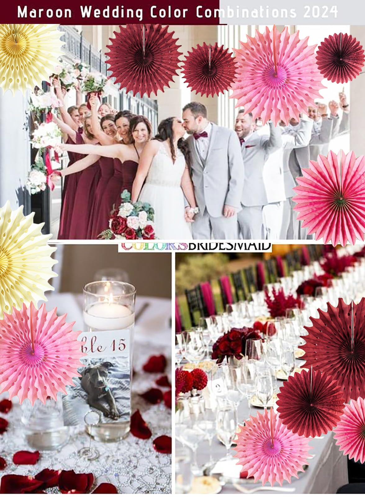 Burgundy Pink Birthday Party Decorations/Fall Bridal Shower Decorations/Valentines Day Decor/7pcs Burgundy Cream Pink Pinwheels Tissue Paper Fans Fall Bachelorette Party Decorations/Burgundy Wedding