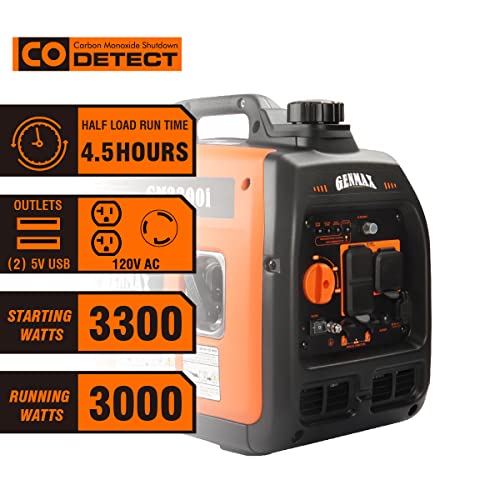 GENMAX Portable Inverter Generator,3300W Ultra-Quiet Gas Engine, EPA Compliant, Eco-Mode Feature, Ultra Lightweight for Backup Home Use & Camping (GM3300i)
