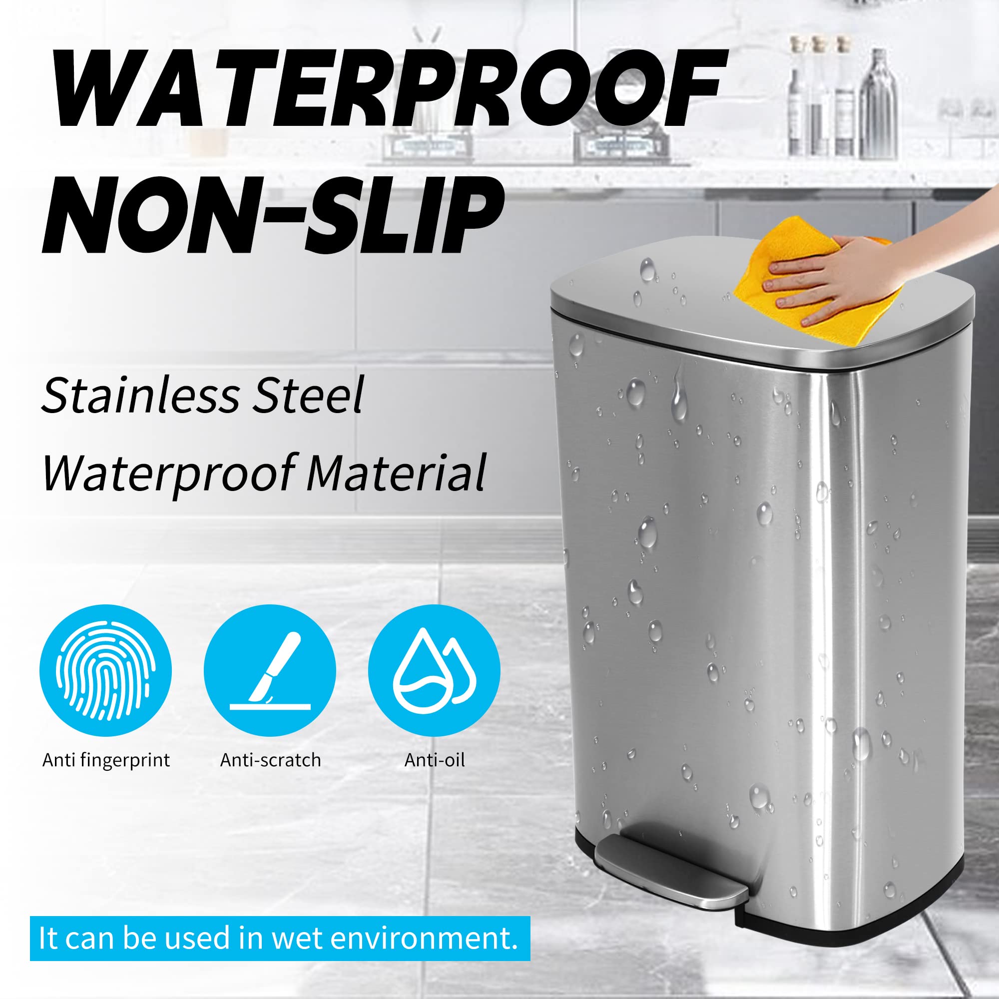 BLKMTY Trash Can 13 Gallon Trash Can Kitchen Trash Cans with Lid Stainless Steel Trash Bin Step Garbage Bin with Inner Bucket Pedal Rubbish Bin for Office Step-Open Steel Garbage Can, Silver