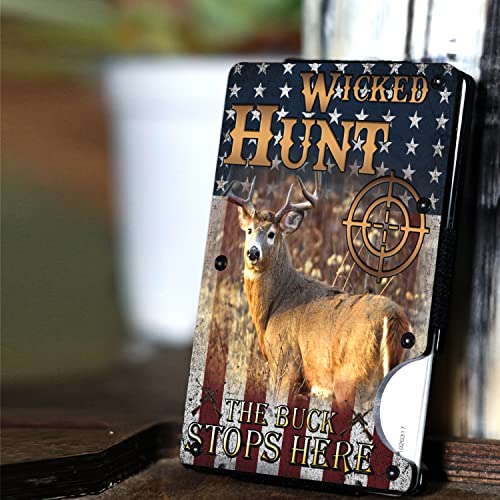 MIKENCO Deer Hunting Mount Me Slim Blocking Metal Pocket Credit Card Holder Minimalist Slim Wallet For Dad Grandpa Son Fathers day (Deer Hunting 2)