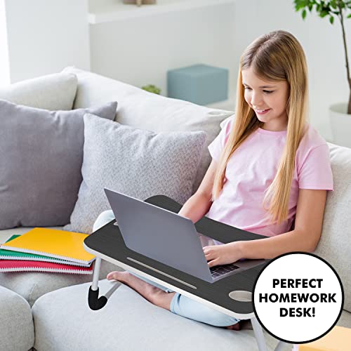 Folding Lap Desk for Bed and Sofa - Portable Wide Surface Bed Desk with Built-in Cup Holder and Tablet or Phone Slot for Working, Studying, Eating, and Watching Movies (Dark Grey)