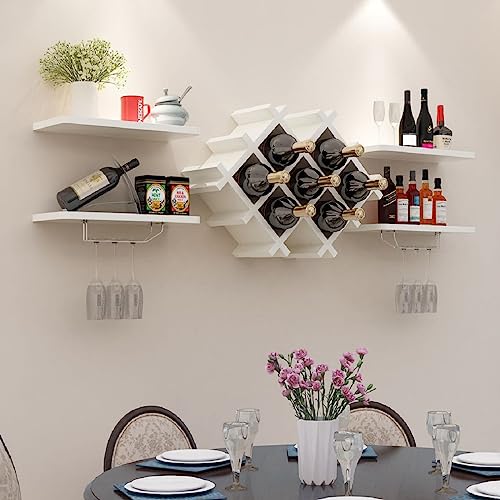 Gdrasuya10 Wall Mounted Wine Racks Shelves, Set of 5 Wine Storage Display Rack Wooden Wine Bottle Shelf Set Wine Glass Holder Wall Wine Rack (1 Wine Rack & 4 Shelves) White